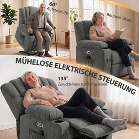 HOMCOM Elektrické křeslo s asistencí při vstávání, masáž a teplo, relaxační křeslo pro seniory, pružinové kapsy, šedé