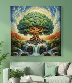 Obraz na plátně - Košatý strom života s vodopádem a mraky FeelHappy.cz Velikost obrazu: 140 x 140 cm