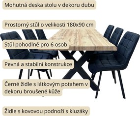 Vikio Jídelní set pro 6 osob 180x90 cm dub, černá broušená kůže VJS118-61C
