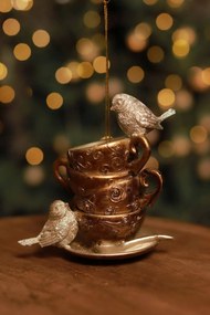 LUX zlatá vánoční ozdoba šálek s ptáčky 10cm