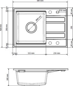 Gamma Modern 6040, 1-komorový granitový dřez 580x420x185 mm s krátkým odkapávačem, černá se zlatými body, GMA-ZM-6040-GD