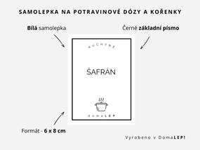 ŠAFRÁN - omyvatelná samolepka na kořenky, výběr rozměrů Ø 5 cm / 5 x 5 cm / 6 x 8 cm | DomaLEP tvar: KOLEČKO, barva: BÍLÁ - ČERNÉ písmo, velikost: Ø 5 cm - tučné písmo