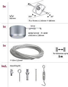 Paulmann 94133 Mac2, lankový systém, 5x max 10W LED 12V, matný chrom, 500cm