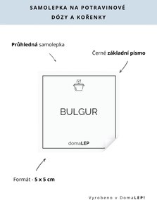 BULGUR – průhledná samolepka na dózu, základní písmo, 5 × 5 cm