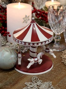 Červeno-bílá vánoční dekorace kolotoč s koníky Vintage Carousel - Ø 14*17 cm