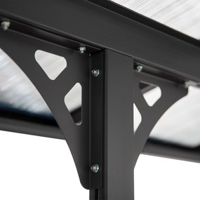 Hliníková pergola ke zdi 4,35 × 3,02 m, zastřešení terasy s polykarbonátovou střechou, výškově nastavitelná, šedá