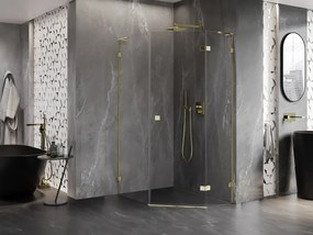 Mexen Lunar, L pravý výklopný pětiúhelníkový sprchový kout 90 x 100 cm, 8mm čiré sklo, zlatý profil, 831L-090P-100L-50-00-P