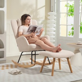 HOMCOM Houpací křeslo s podnožkou, měkký fleecový potah, dřevěné nohy, polštář, vysoké opěradlo, houpací křeslo, béžové