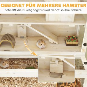 PawHut dřevěná klec pro křečky, 100 × 50 × 84 cm – 3patrový domek pro malé hlodavce s okénkem, běhacím kolem, rampou a domečkem – přírodní dřevo