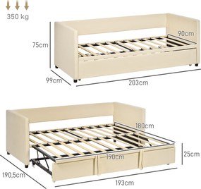 HOMCOM 2-v-1 rám pohovky na spaní, dvoumístná pohovka a manželská postel, kompatibilní s dvěma matracemi 90 x 190 cm