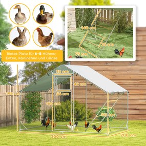 Ocelový výběh pro kuřata PawHut, 300 x 200 x 195 cm, klec pro kuřata s krytem odolným proti UV záření, dvířka na krmení, závěsné krmítko, bidýlko, vý…
