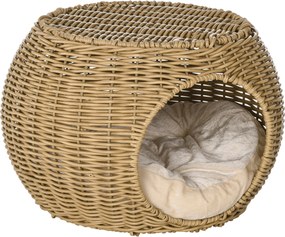 PawHut Kočka Dům Postel Kočičí Košík Dům v Obřím Střihu z Rattanu s Měkkým Polštářem Ø 40 x 30 cm světle hnědý
