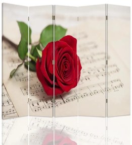 Ozdobný paraván Červená růže květ hudby - 180x170 cm, pětidílný, klasický paraván