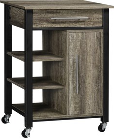 HOMCOM Kuchyňský vozík s šuplíkem a kolečky - 60 x 50 x 84,5 cm - Černý s dubovým efektem