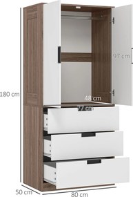 HOMCOM Moderní Šatní Skříň pro Dospělé s 3 Zásuvkami a Zavěsným Tyčí, Rozměry 80Š x 50H x 180V cm, Hnědá