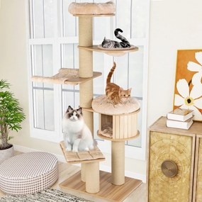 Costway 191 cm 6patrové dřevěné škrabadlo s houpací sítí a jeskyní pro kočky
