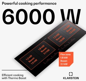 Klarstein Masterzone 90 Slim Flex, indukční varná deska, max. 7200 W, vestavná, 4 zóny Flex, technologie ThermoBoost, Smart Flex