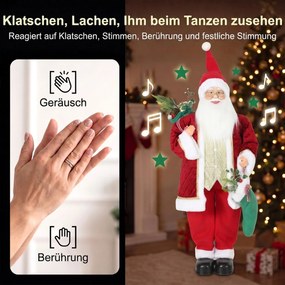HOMCOM 120 cm zpívající a tancující Santa Claus, stojící animovaná vánoční postava s punčochou, pytlem, aktivovaná zvukem / dotykem