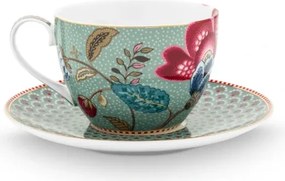 Pip Studio Blooming Tales cappuccino šálek s podšálkem 270ml, modrý (Stylový cappuccino šálek s podšálkem)