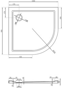 Mexen Flow, asymetrická čtvrtkruhová sprchová vanička slim, levá 100 x 90 cm, černá matná, 46Q709010L