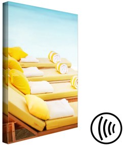 Obraz Dovolenkové Odpočinkové (1-dílný) - Žluté lehátka a modré moře na pozadí