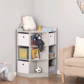 HOMCOM Dětská rohová police se 3 úložnými boxy - Dětská police na hračky pro děti ve věku 3-12 let, Šedá, 57,4 x 57,4 x 94 cm