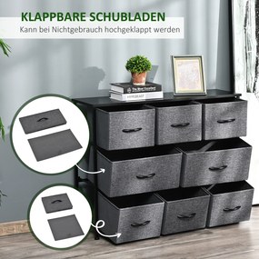 HOMCOM Komoda s 8 textilními zásuvkami, úložná skříň s úchyty, kovový rám, moderní design do ložnice a obývacího pokoje v tmavě šedé barvě