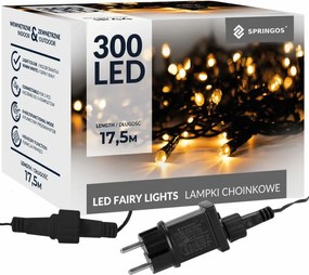 LED světelný řetěz - 17,5m, 300LED, 8 funkcí, paměť, IP44, teplá bílá