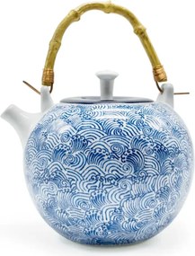 Porcelánová čajová souprava Mizu pro dva, 800 ml – japonský motiv Seigaiha a sítko
