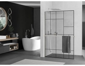 Mexen Kioto+ L, sprchová zástěna Walk-In s poličkou a věšákem 110 x 200 cm, 8mm čiré sklo černý vzor, ​​broušená ocel profil, 800-110-123-97-78