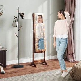 HOMCOM šperkovnice s nastavitelným zrcadlem a LED osvětlením, 36x30x136 cm, rustikálně hnědá