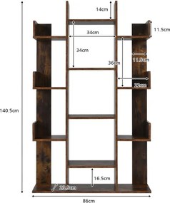 Costway Knihovna se 13 policemi, rustikální hnědá, 140 x 86 x 23,5 cm HW67565CF