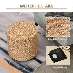 HOMCOM Taburet s úložným prostorem Taburet na nohy s úložným boxem, odnímatelné víko, slaměný ratan, khaki, Ø43x43cm| Aosom