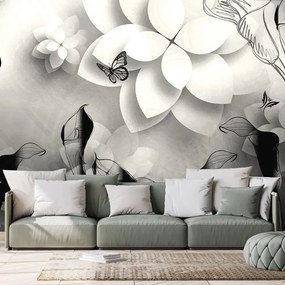 Samolepící tapeta černobílé abstraktní květiny - 300x200 cm