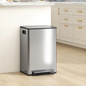 HOMCOM kuchyňský odpadkový koš 50 l, odpadkový koš s pedálem, vyjímatelný vnitřní kýbl, měkké zavírání víka, 41,7x36,6x62 cm, stříbrný