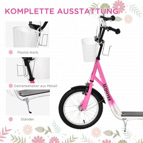 HOMCOM dětská koloběžka koloběžka odrážedlo s brzdou koš výškově nastavitelný pro 5-12 dětí koloběžka odrážedlo hliníková slitina guma růžová + bílá …