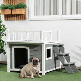 Psí bouda PawHut s balkonem a schody, vyvýšený domek s oknem pro střední a velké psy z jedlového dřeva