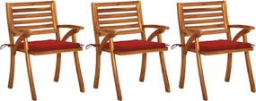 vidaXL Zahradní jídelní židle s poduškami 3 ks masivní akáciové dřevo [3060781] Barva: Červená