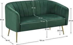 Designový 2-sed, tmavě zelená Velvet látka/gold chrom-zlatý, BAGY