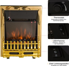 Elektrický krb HOMCOM Stojanový krb s efektem plamene 1000/2000W 48,2 x 18,5 x 59,2 cm ve zlaté barvě pro příjemné večery |