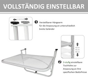 Outsunny balkonový závěsný stůl výškově nastavitelný čtvercový zahradní stůl kovový bílý 60x56,5x45cm pro terasu a zahradu | Aosom.de