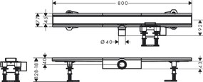 Hansgrohe RainDrain Compact, úplná sada sprchového žlabu 800 pro plochou instalaci, kartáčovaná nerezová ocel, HAN-56166800