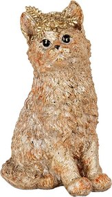 Dekorace béžová kočka se zlatou patinou a květinou - 16*14*25 cm