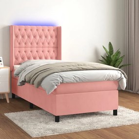 vidaXL Box spring postel s matrací a LED 90x200 cm samet [3139725] Barva: Růžová