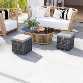 Outsunny Sada 2 Stoliček s Úložným Prostorem z PE Rattanu, Zahradní Podnožka s Odnímatelnými Polštáři, Pouf 40 x 40 x 41 cm, Světlá šedá | Aosom