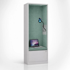 Kancelářská akustická kabina se sedátkem a USB-C portem, korpus šedý / sedák zelený, 600 mm: SALLY MentalBox