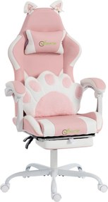 Vinsetto růžové herní křeslo s kočičími ušima — ergonomické, polohovatelné, PU kůže, s podnožkou a odnímatelnou opěrkou hlavy i bederní oporou