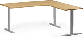 Rohový výškově nastavitelný stůl, 180x180 cm, 3 motory, L/P, šedá podnož, buk