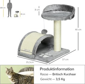 PawHut Malý Kočičí Škrabací Strom Výška 46 cm 2-Level Kočičí Strom s Škrabacím Sloupkem, Platfromami a Houpacím Míčkem 35,5x37x46 cm Šedá