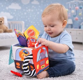 LEAN Toys Měkká senzorická kostka se zrcátkem autíčka a dopravní značky pro miminka